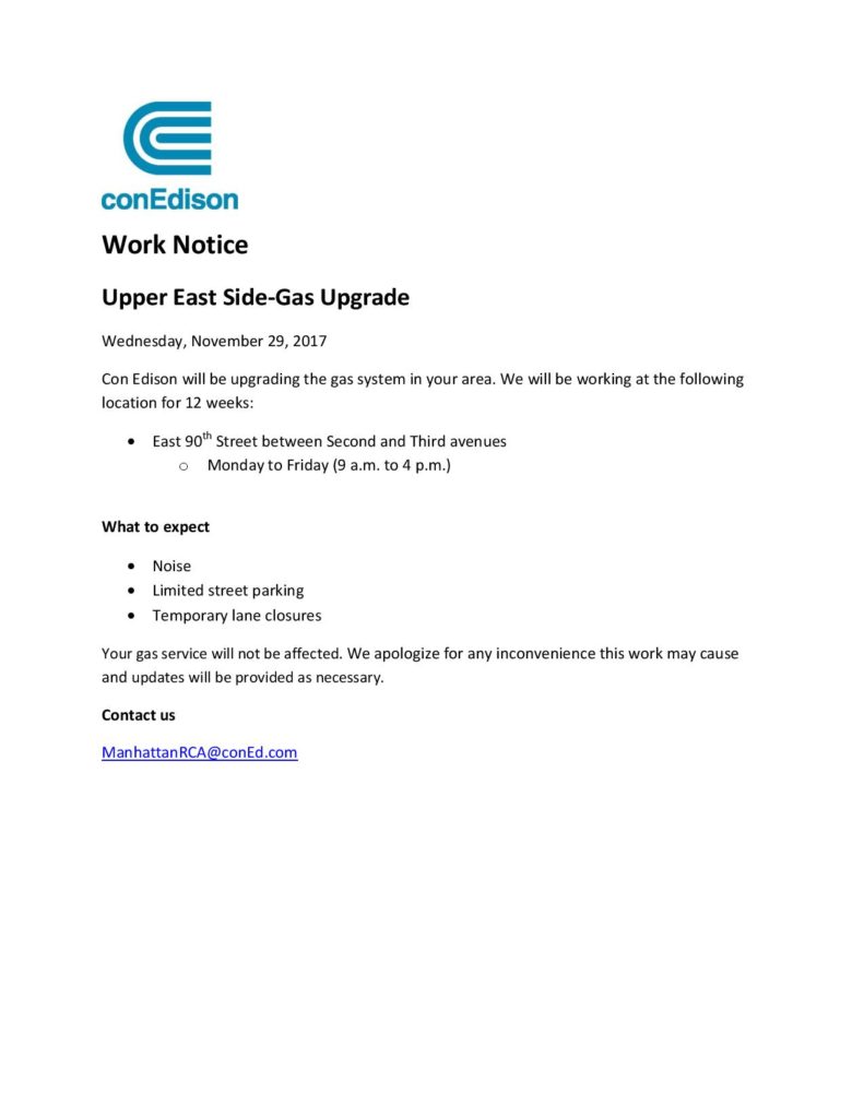 Con Edison Work Notice-Upper East Side Gas Upgrade East 90th St. (2nd ...