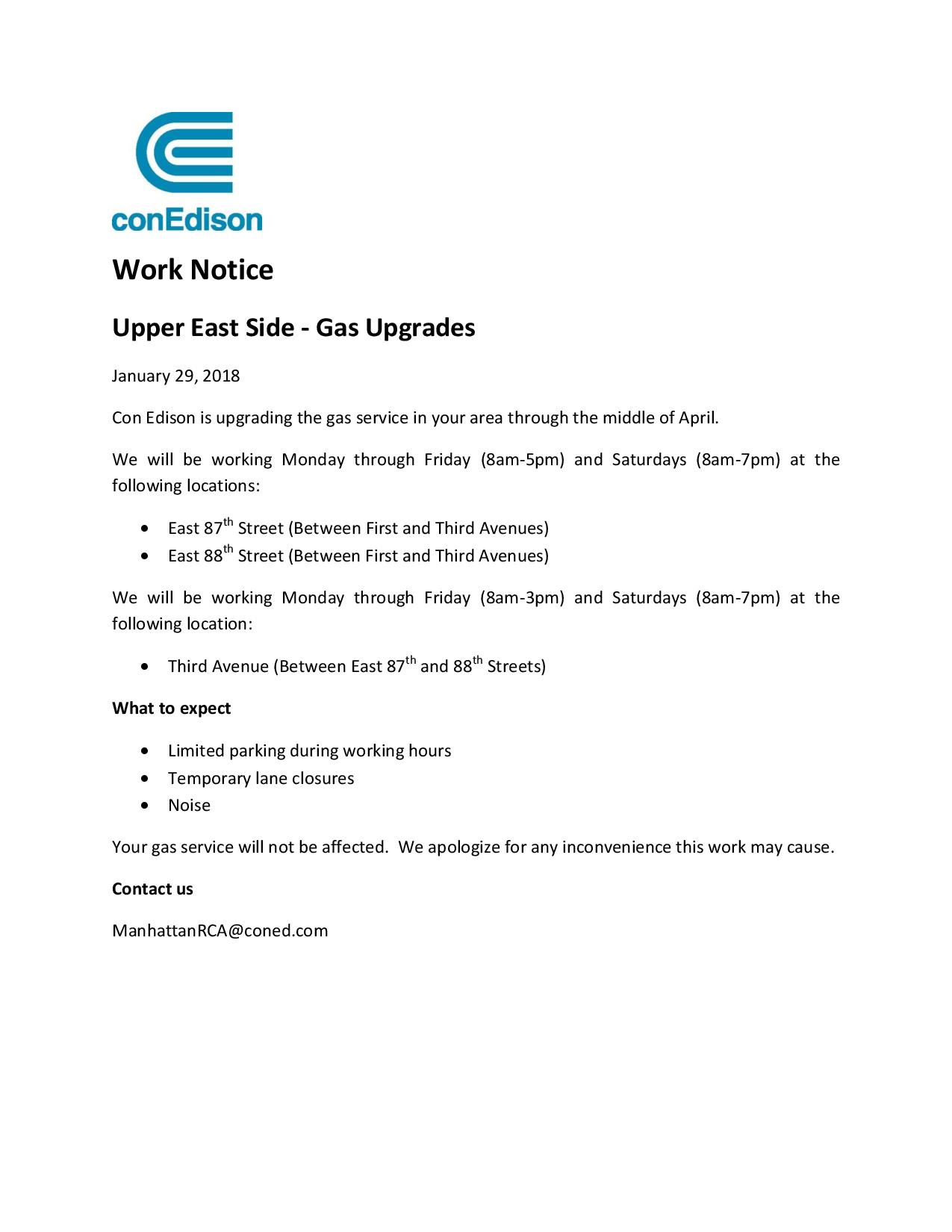 Con Edison Work Notice: Yorkville Gas Upgrades - New York, Manhattan ...